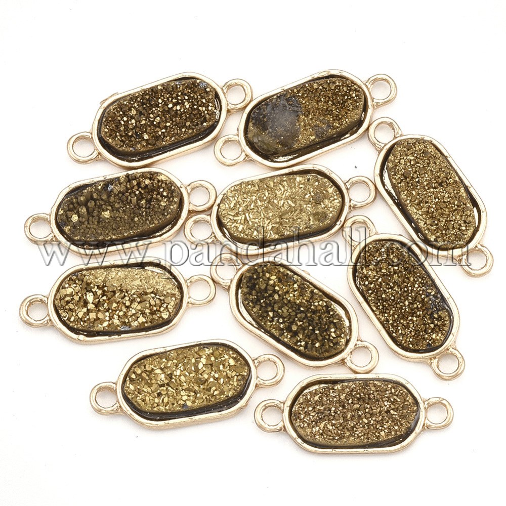 Plating AB Natural Druzy Agate Links/Connectors, with Brass Findings, Dyed, Oval, Golden ...